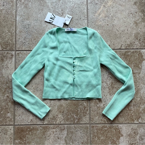 Zara | Tops | Zara Turquoise Square Neckline Blouse | Poshmark